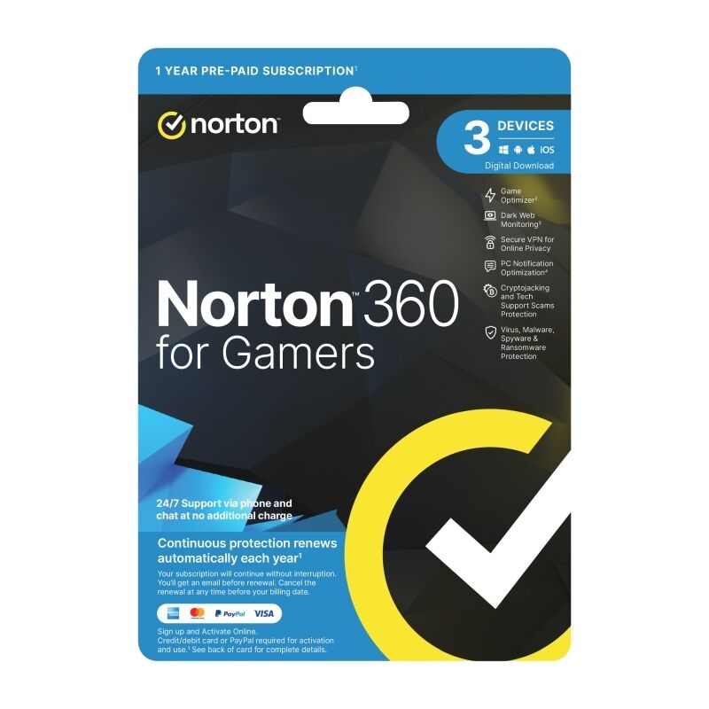 Norton 360 Protection For Gamers - 1 User 3 Device 1 Year Sub